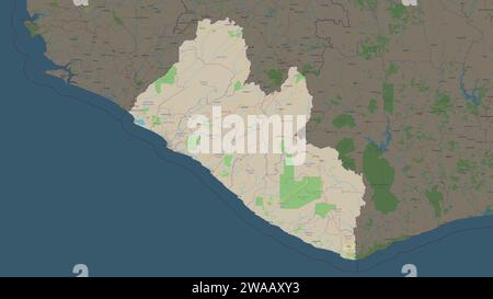 Liberia highlighted on a topographic, OSM France style map map with the ...