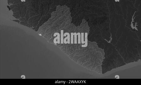 Liberia highlighted on a Grayscale elevation map with lakes and rivers ...