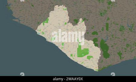 Liberia highlighted on a topographic, OSM standard style map map with ...
