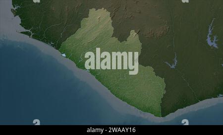 Liberia highlighted on a Colored elevation map with lakes and rivers ...