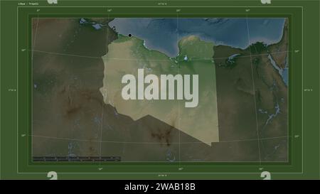 Libya outlined on a Pale colored elevation map with lakes and rivers ...