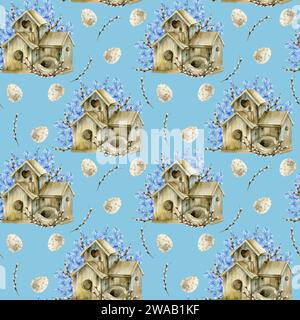 Watercolor pussy-willow seamless pattern. Spring branches. Easter ...