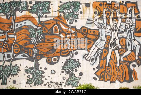 Sgraffiti mural by Simakov A. depicting Kazakh women, Almaty Kazakhstan ...