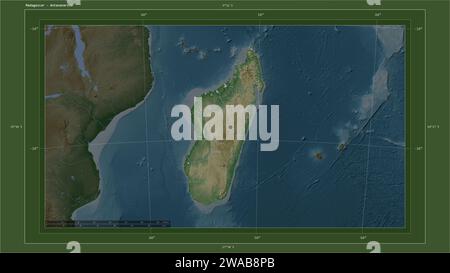 Madagascar highlighted on a Colored elevation map with lakes and rivers ...