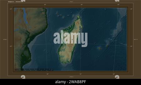 Madagascar highlighted on a Colored elevation map with lakes and rivers ...