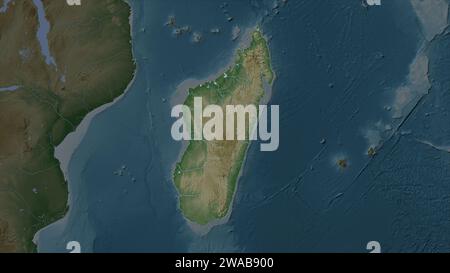 Madagascar highlighted on a Colored elevation map with lakes and rivers ...