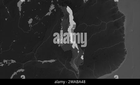 Malawi highlighted on a Grayscale elevation map with lakes and rivers ...