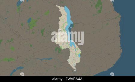 Malawi highlighted on a topographic, OSM standard style map map with ...