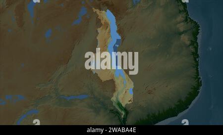 Malawi highlighted on a elevation map colored in sepia tones with lakes ...