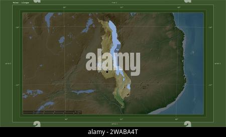Malawi outlined on a Pale colored elevation map with lakes and rivers ...