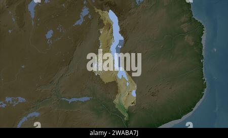 Malawi highlighted on a Pale colored elevation map with lakes and ...