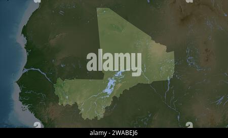 Mali highlighted on a Pale colored elevation map with lakes and rivers ...