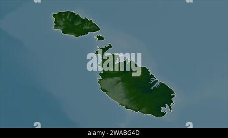 Malta outlined on a elevation map colored in sepia tones with lakes and ...