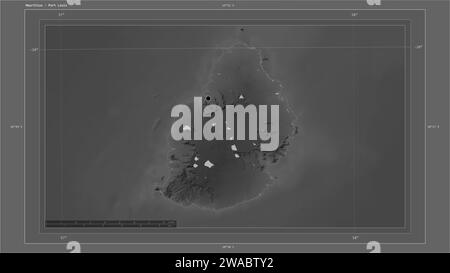 Mauritius highlighted on a Grayscale elevation map with lakes and ...