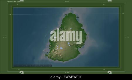 Mauritius highlighted on a Pale colored elevation map with lakes and ...