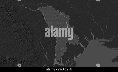 Moldova highlighted on a Bilevel elevation map with lakes and rivers ...