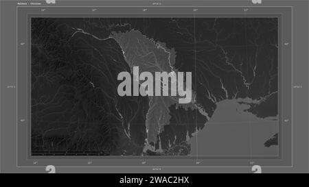 Moldova outlined on a Grayscale elevation map with lakes and rivers ...