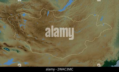 Mongolia outlined on a elevation map colored in sepia tones with lakes and rivers Stock Photo ...