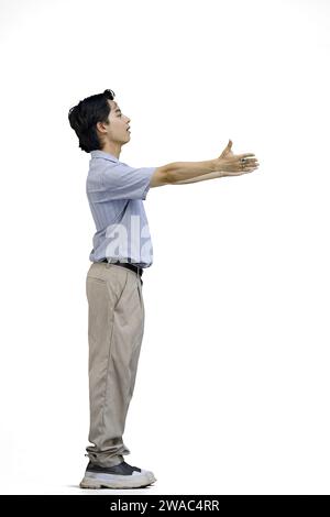 Attractive asian businessman standing and pointing to the sky on podium ...