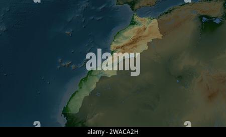 Morocco highlighted on a elevation map colored in sepia tones with ...