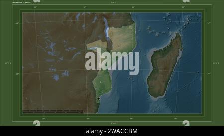 Mozambique highlighted on a Pale colored elevation map with lakes and ...