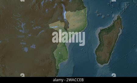 Mozambique highlighted on a Pale colored elevation map with lakes and ...