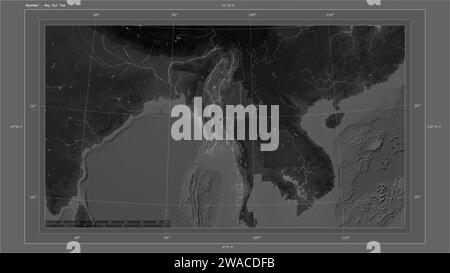 Myanmar highlighted on a Grayscale elevation map with lakes and rivers ...