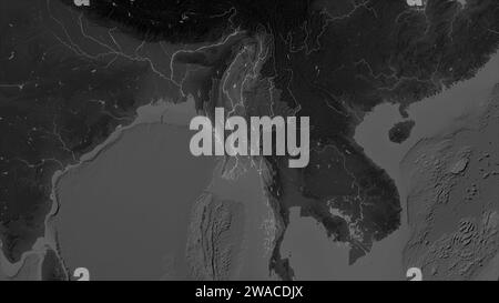 Myanmar highlighted on a Grayscale elevation map with lakes and rivers ...