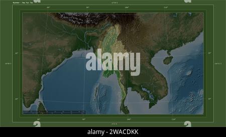 Myanmar highlighted on a Colored elevation map with lakes and rivers ...