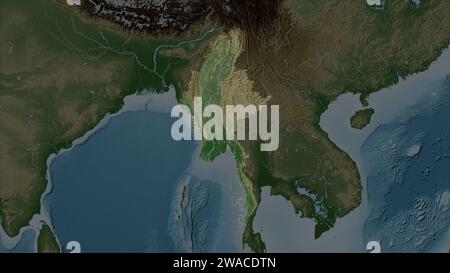 Myanmar highlighted on a Pale colored elevation map with lakes and ...
