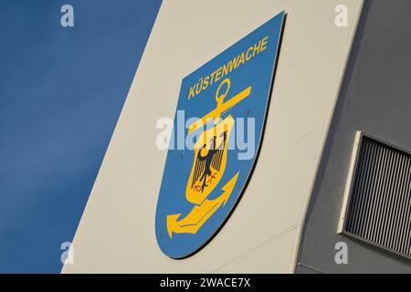 coat of arms of the German Coast Guard on the chimney of a customs boat ...