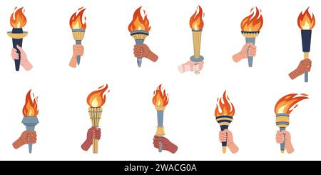 Torches with burning flame in hands set. Vector flat illustration ...