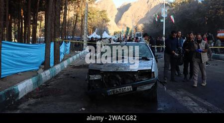 Kerman, Iran. 3rd Jan, 2024. A view of the scene after explosions at a ...