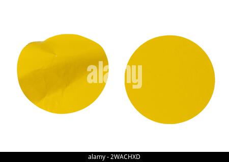 Round yellow stickers, blank tags labels isolated on a white background ...