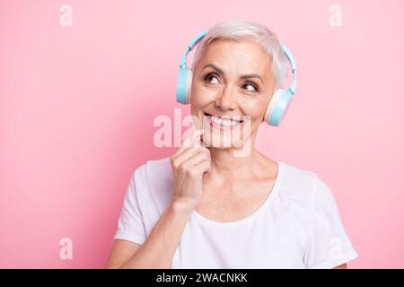 Photo of millennial short hairdo lady hand face look promo wear ...