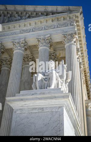 The seated marble statue "Guardian" in the foreground of the US Supreme ...