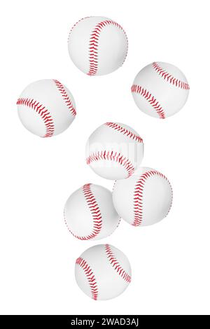 Many baseball balls flying on white background Stock Photo - Alamy