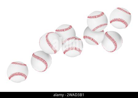 Many baseball balls flying on white background Stock Photo - Alamy