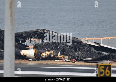 Hokkaido, Japan, January 3, 2024. A Japan Coast Guard aircraft MA722 ...