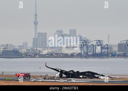 Hokkaido, Japan, January 3, 2024. A Japan Coast Guard aircraft MA722 ...