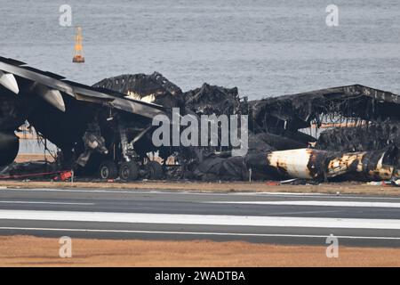 Hokkaido, Japan, January 3, 2024. A Japan Coast Guard aircraft MA722 ...