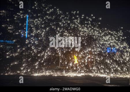 A traditional iron spraying known as Datiehua is staged in Yuyao City ...