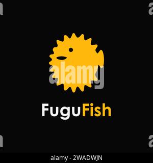flat minimalist fugu fish logo icon vector template on black background ...