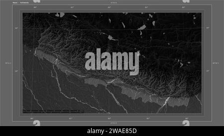 Nepal outlined on a Grayscale elevation map with lakes and rivers Stock ...