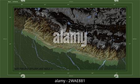 Nepal outlined on a Pale colored elevation map with lakes and rivers ...
