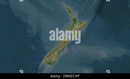 New Zealand highlighted on a Pale colored elevation map with lakes and ...