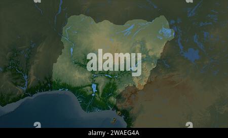 Nigeria highlighted on a Colored elevation map with lakes and rivers ...
