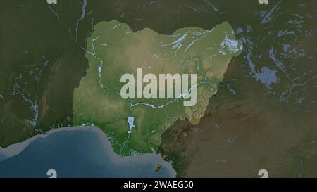 Nigeria highlighted on a Colored elevation map with lakes and rivers ...