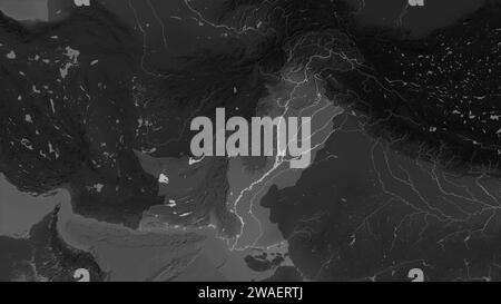 Pakistan highlighted on a Grayscale elevation map with lakes and rivers ...