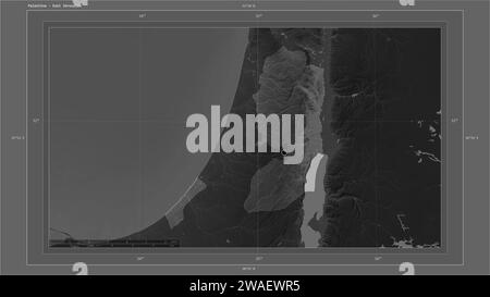 Palestine outlined on a Grayscale elevation map with lakes and rivers ...
